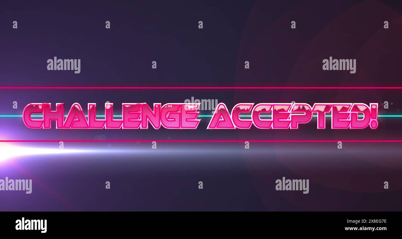 Image of challenge accepted text over neon banner and light spot ...