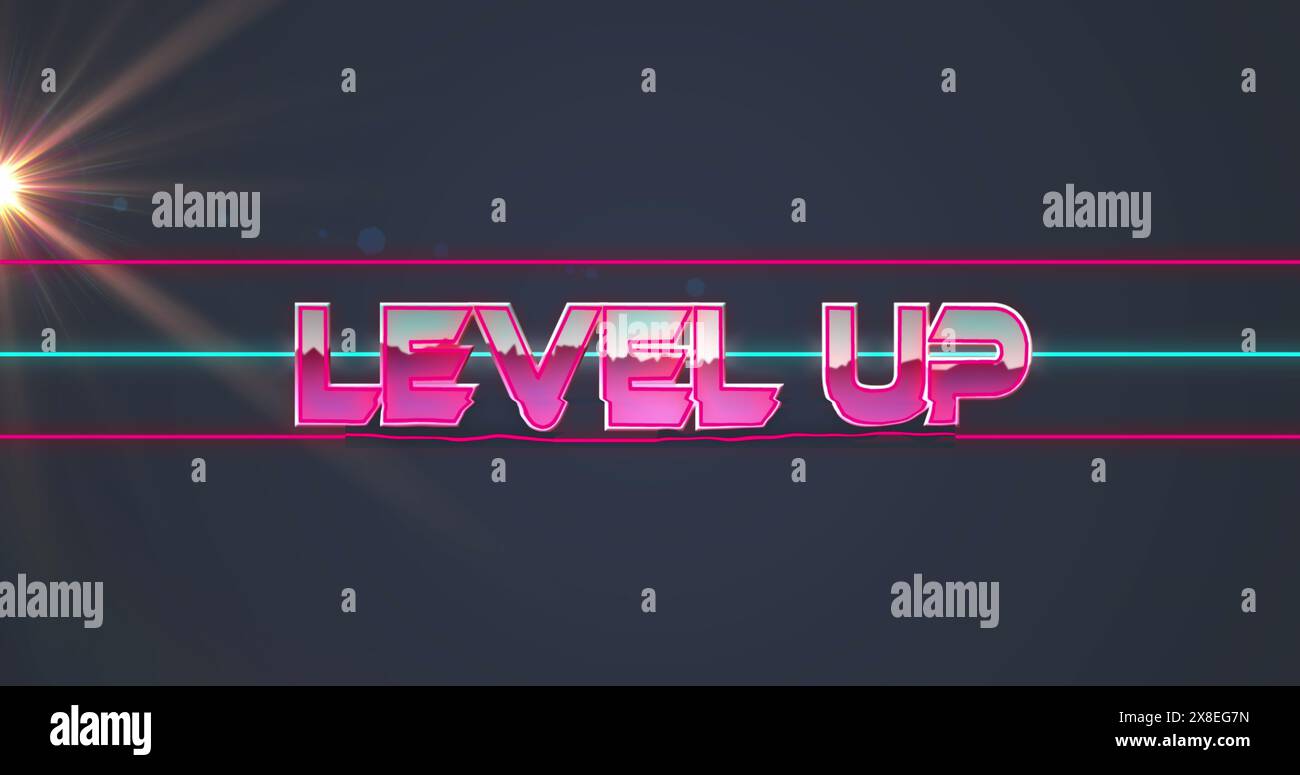 Image of level up text over neon banner and light spot against grey ...