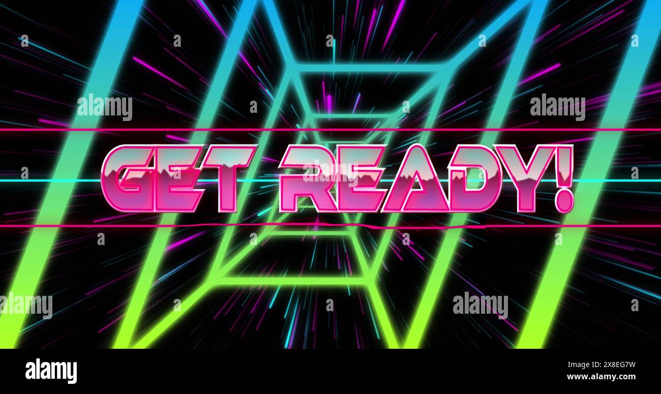 Image of get ready text banner against neon gradient tunnel and light trails in seamless pattern ...