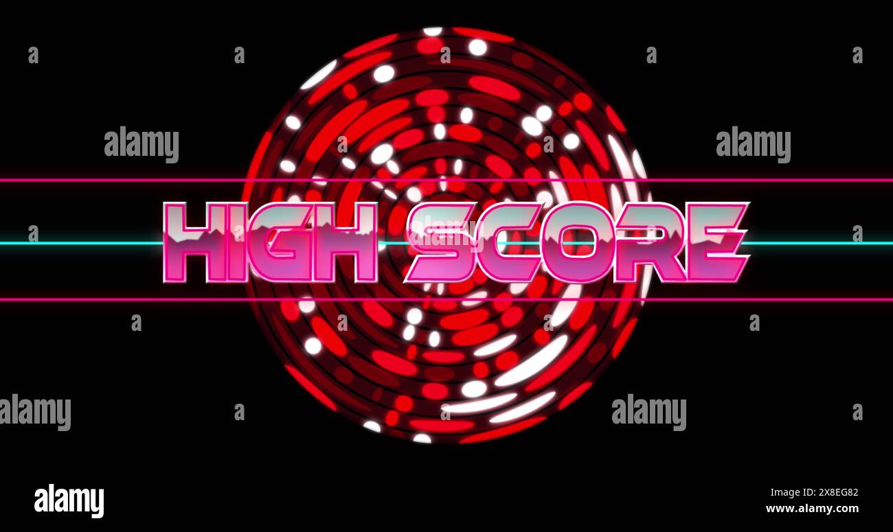 Image of high score text banner over abstract red circular shapes ...