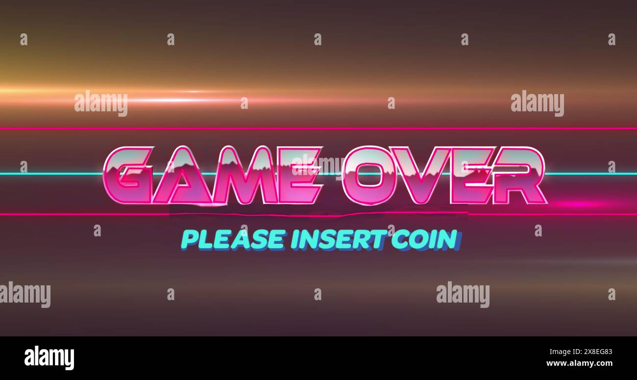 Image of game over please insert coin text over neon banner and light ...