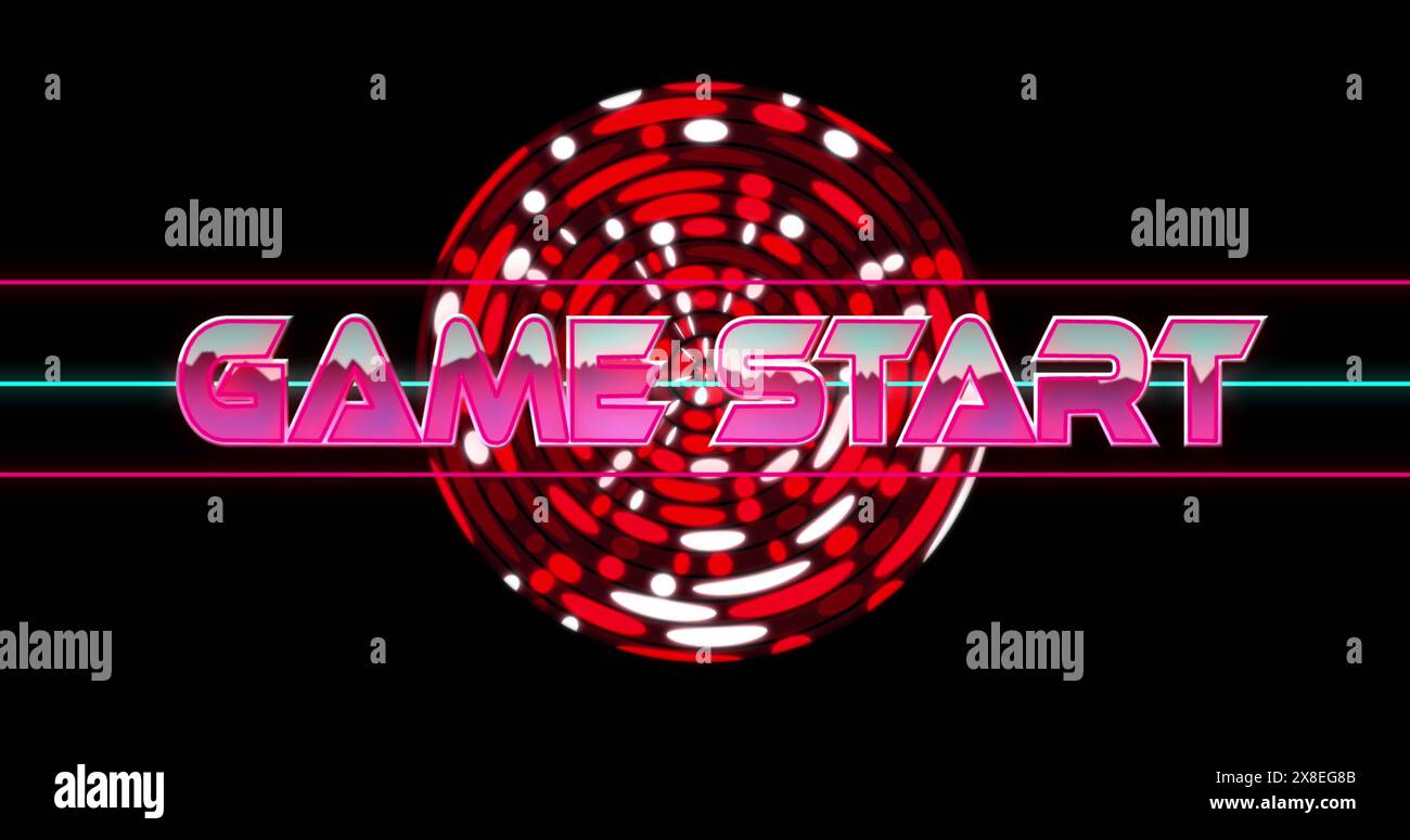 Image of game start text banner over abstract red circular shapes ...