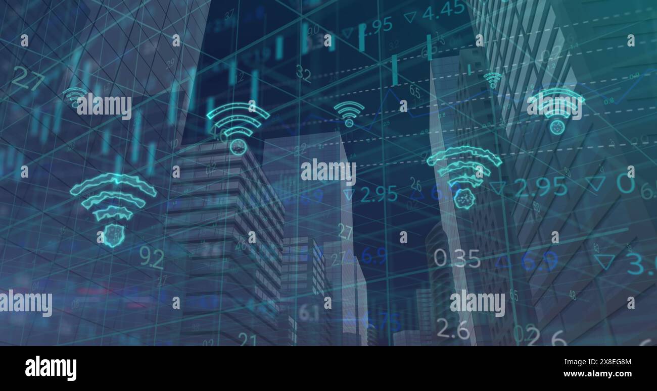Image of wifi icons and financial data processing over cityscape Stock ...