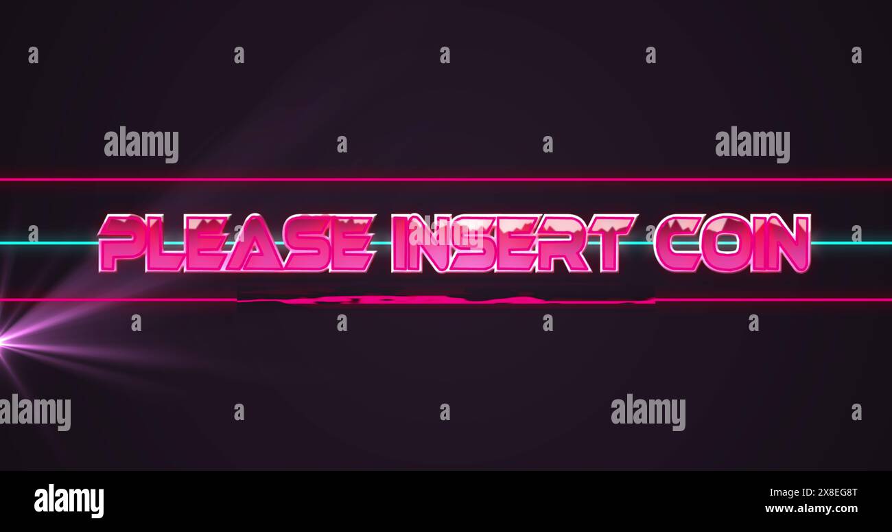 Image of please insert coin text over neon banner and pink light spot ...