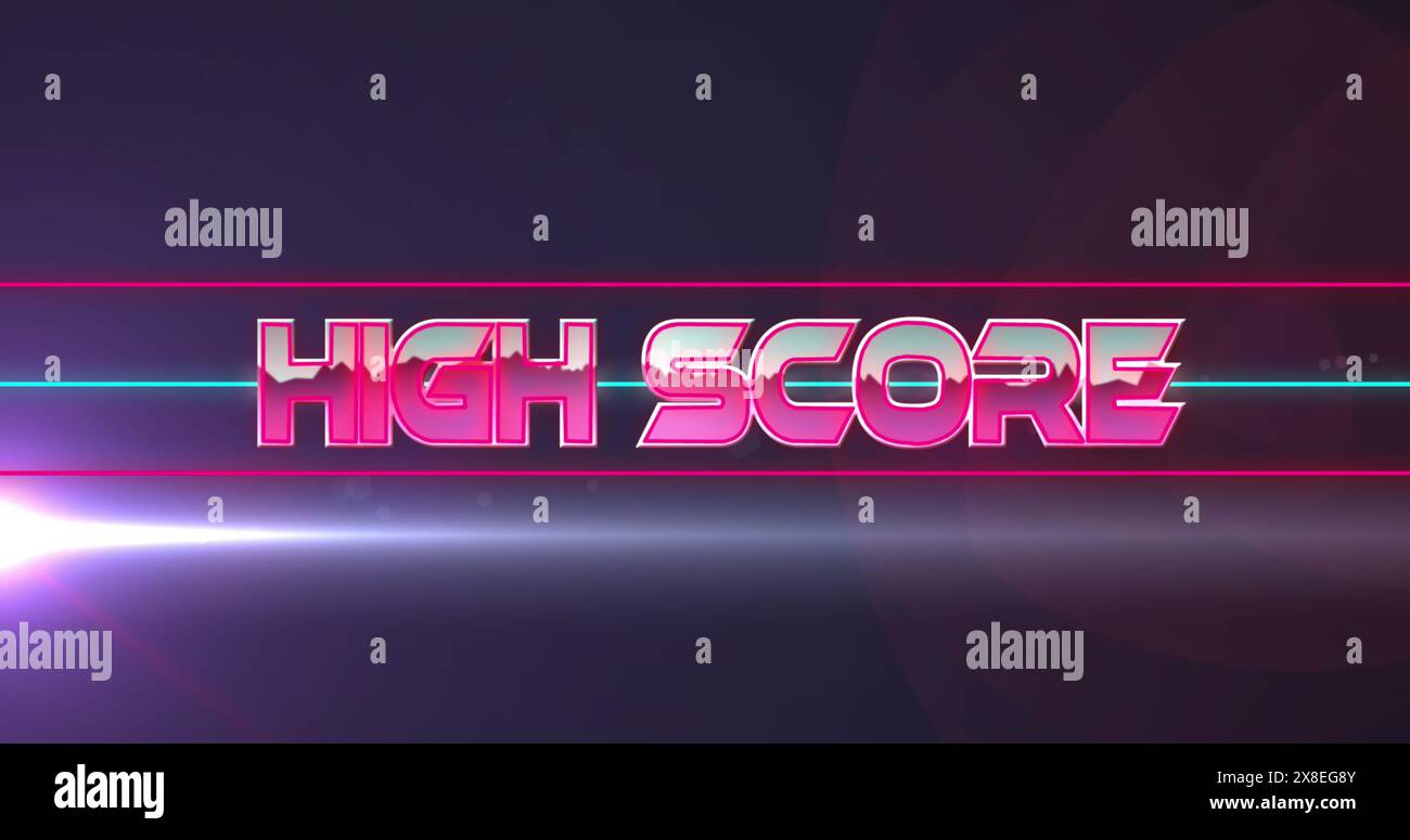 Image of high score text over neon banner and light spot against black ...