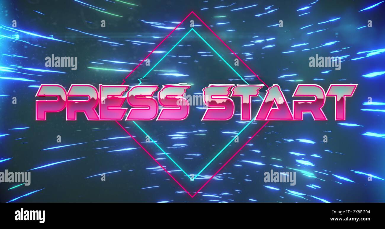 Image of press start text banner and glowing light trails spinning ...