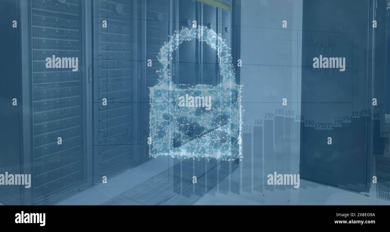 Image of security padlock icon over statistical data processing against server room Stock Photo ...