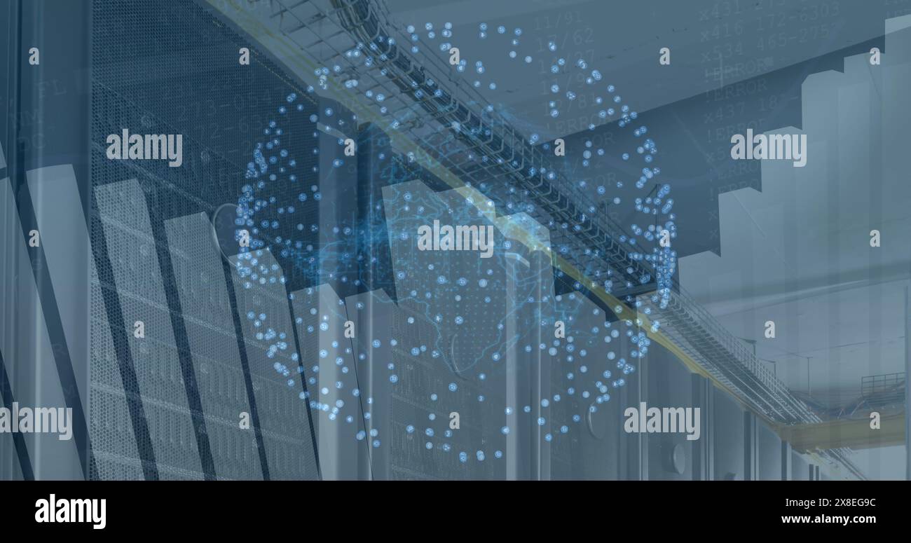 Image of spinning globe and statistical data processing against computer server room Stock Photo ...