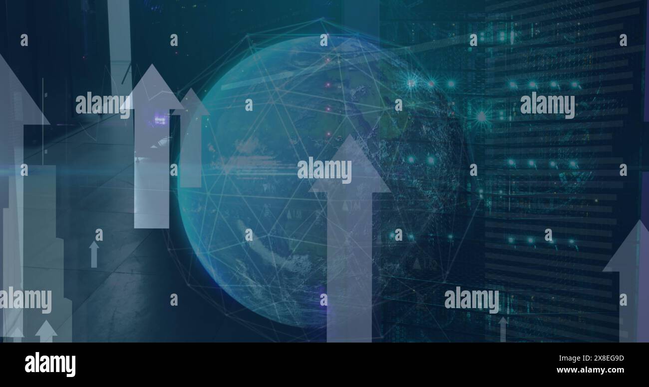 Image of spinning globe, data processing and arrow icons moving upwards against server room ...