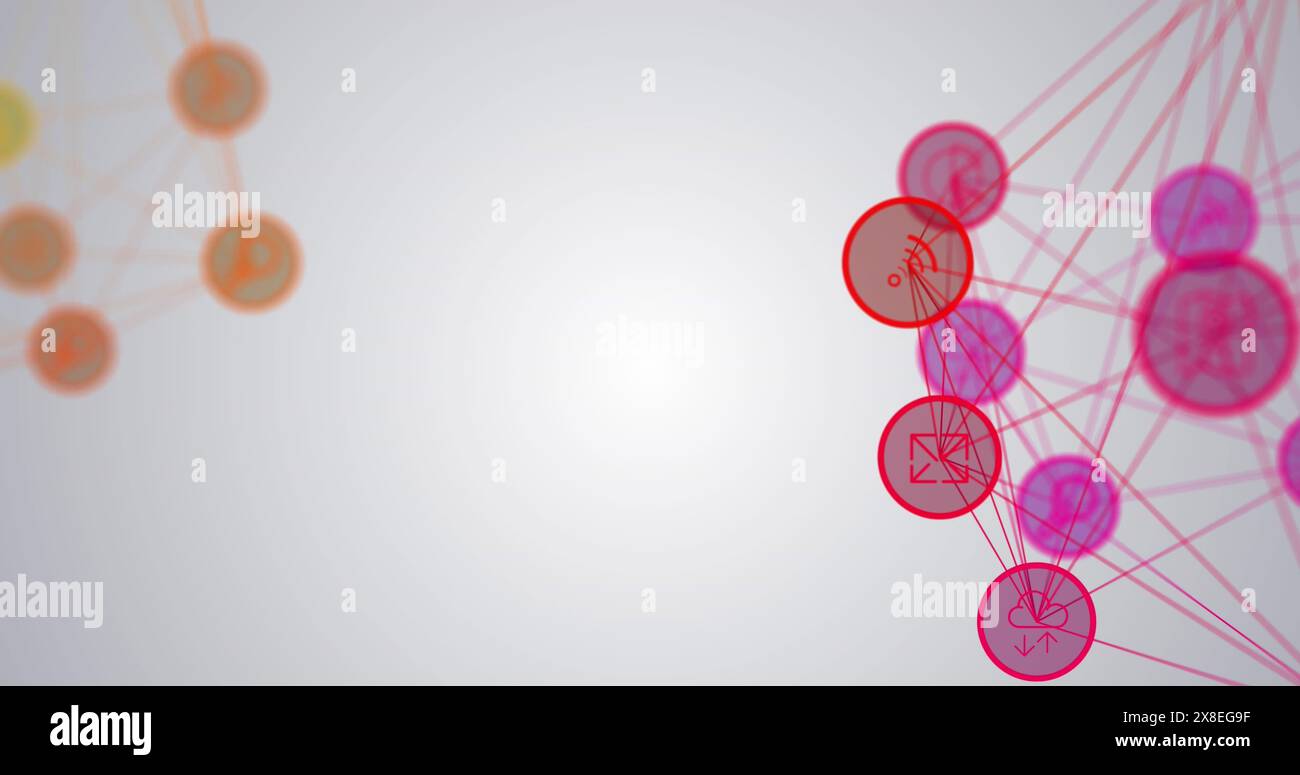 Image of pink and yellow networks of media icons floating on white ...