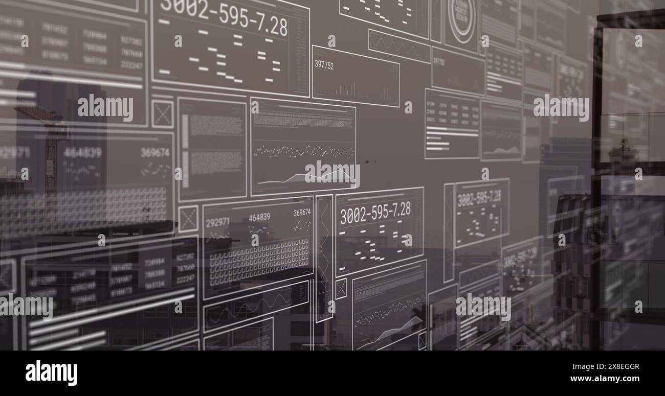 Image of graphs, loading bars and circles with changing numbers over modern buildings Stock ...