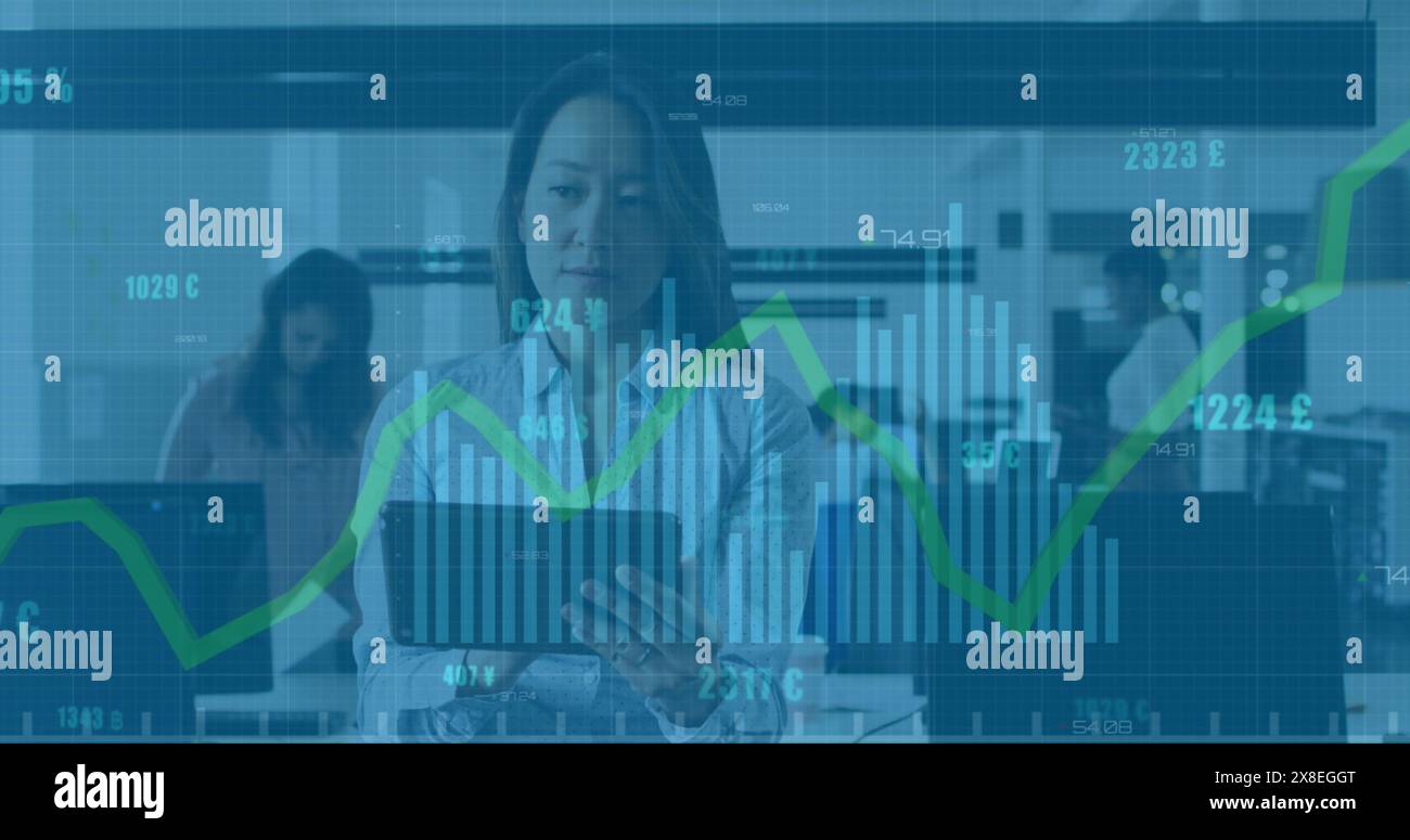 Image of graphs, changing numbers with currency symbols, asian woman ...