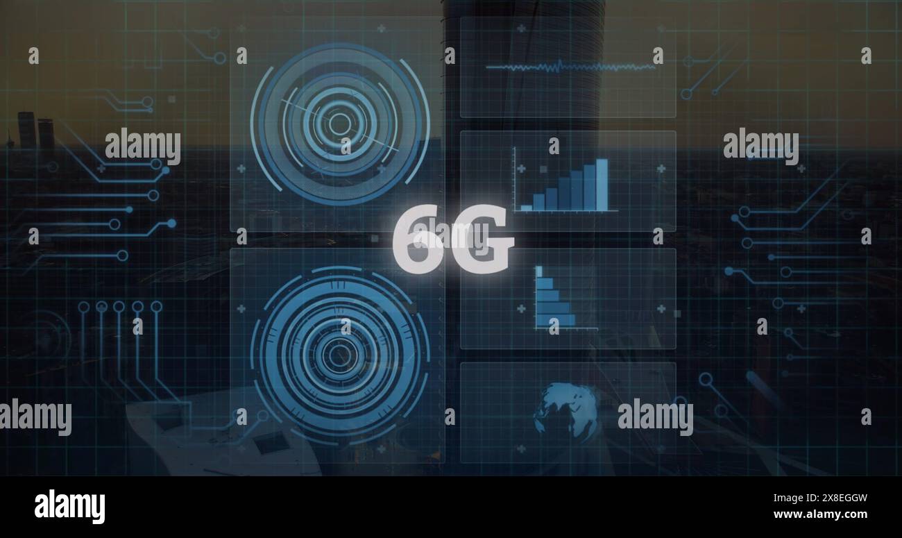Image of 6g text with graphs, circles and globe over aerial view of modern city against sky ...