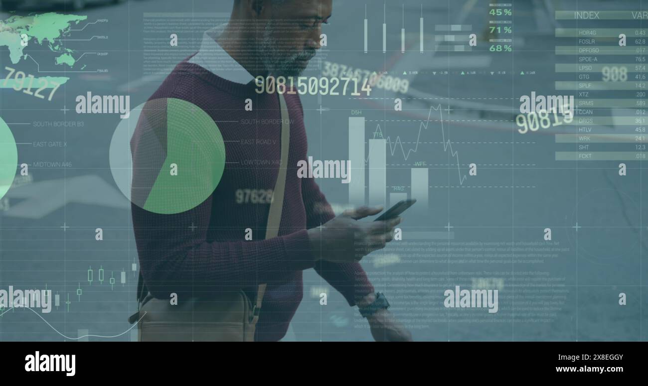 Image of infographic interface, numbers, african american man with ...