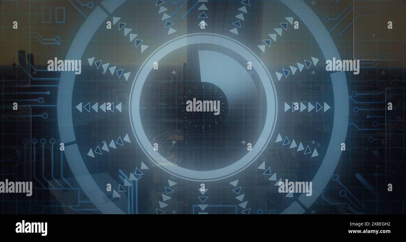 Image Of Arrow In Loading Circle And Circuit Board Pattern Over Aerial