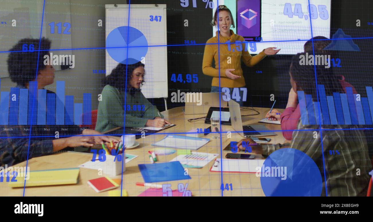 Image of multiple graphs, changing numbers, diverse female woman ...