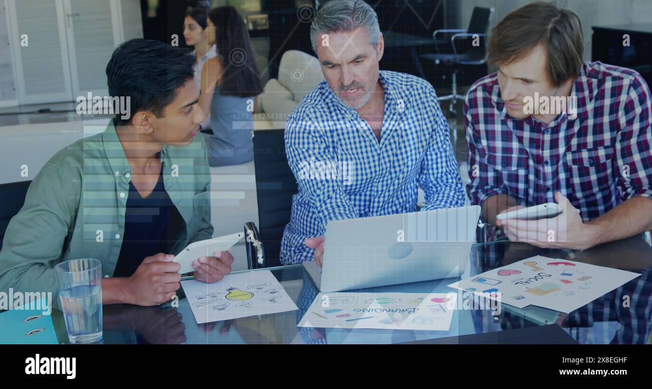 Image of loading bars and circles with graphs, diverse coworkers ...