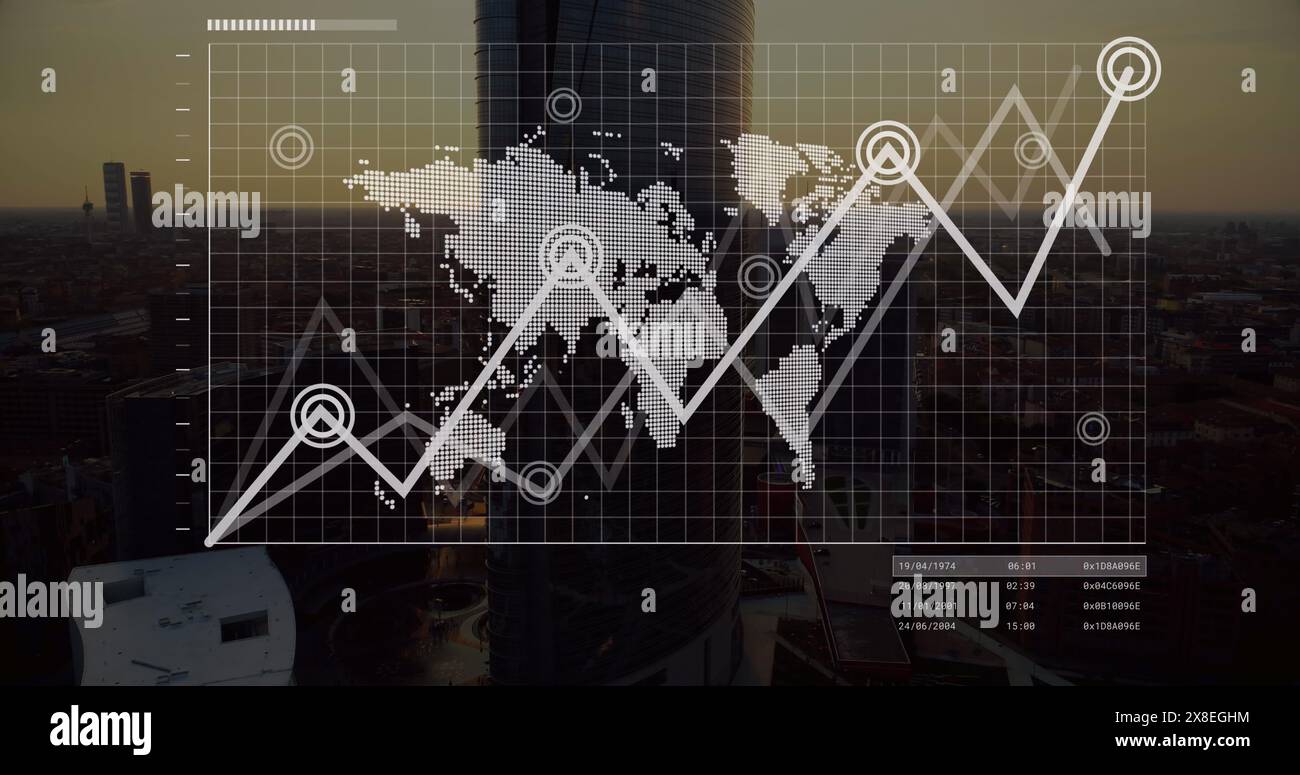 Image of graphs, map and loading bar over aerial view of modern ...