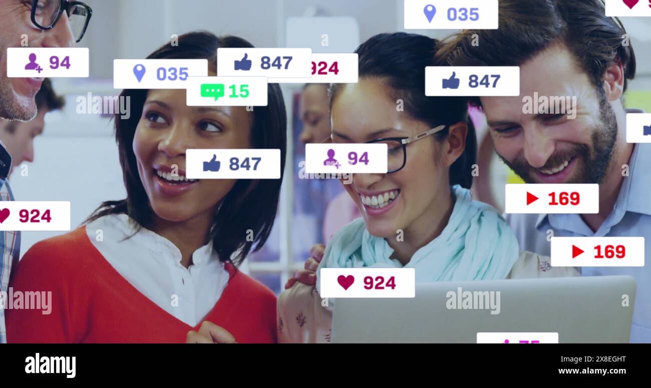 Image of multiple notification bars over happy diverse coworkers ...