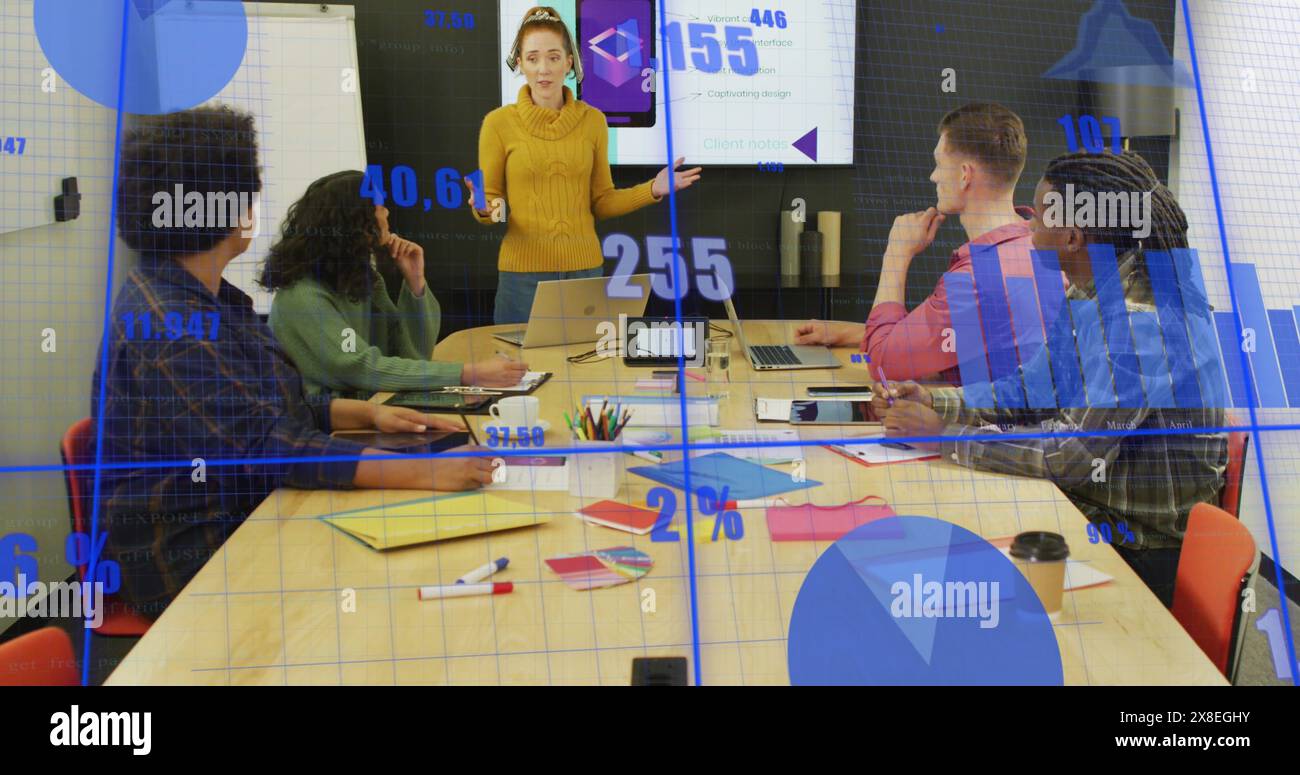 Image of multiple graphs, changing numbers, diverse female woman ...