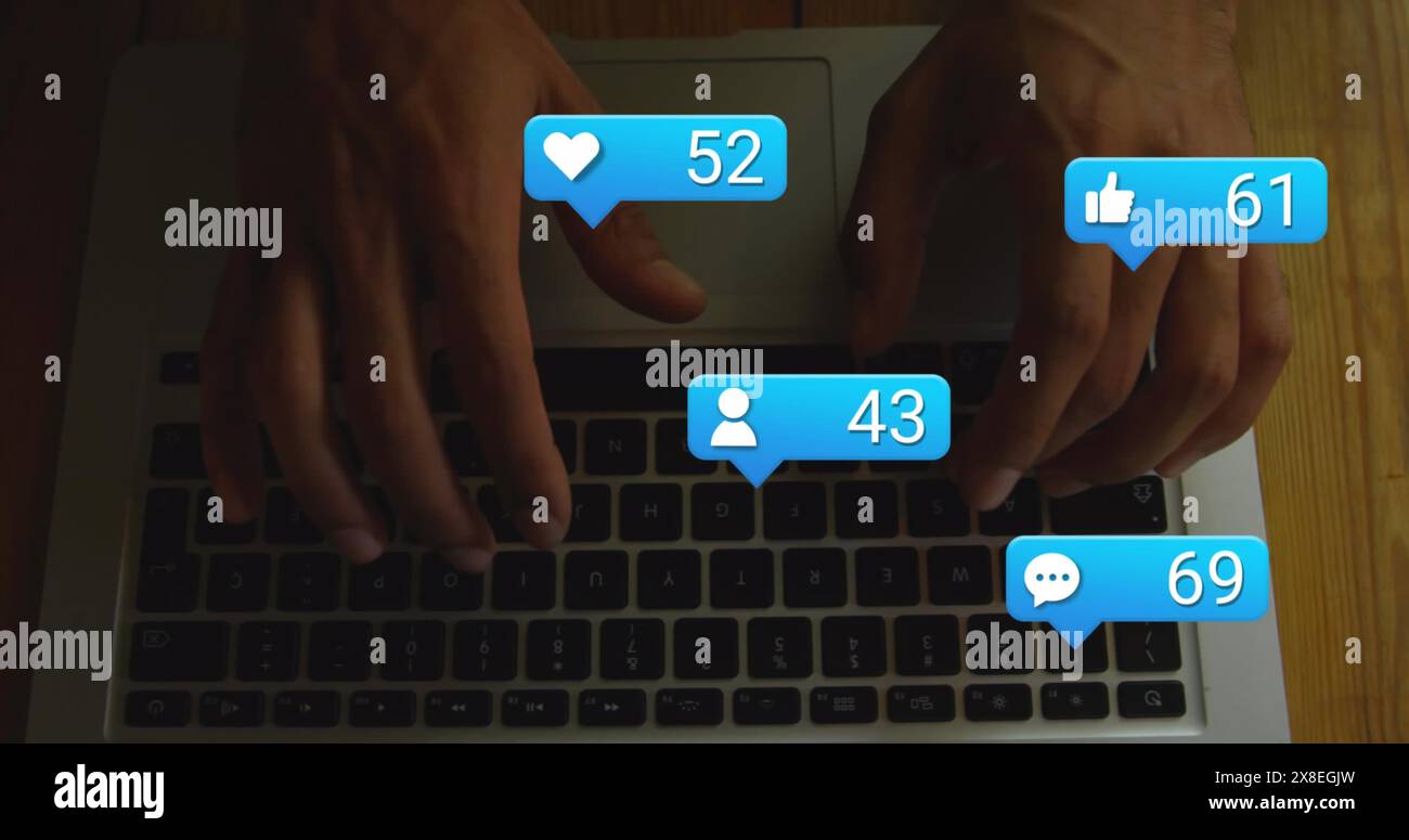 Image of notification icons with increasing number over caucasian hands ...