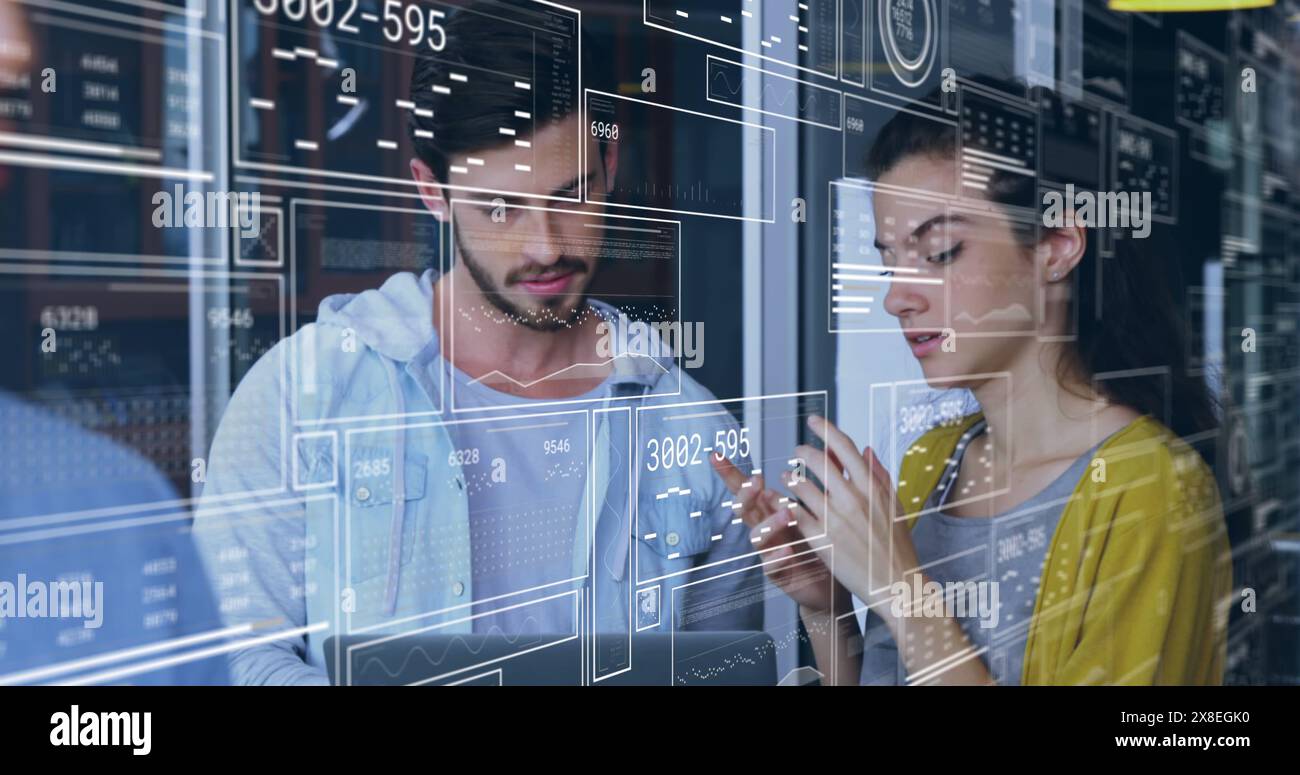 Image of graphs, changing numbers, loading circles, bars, caucasian ...