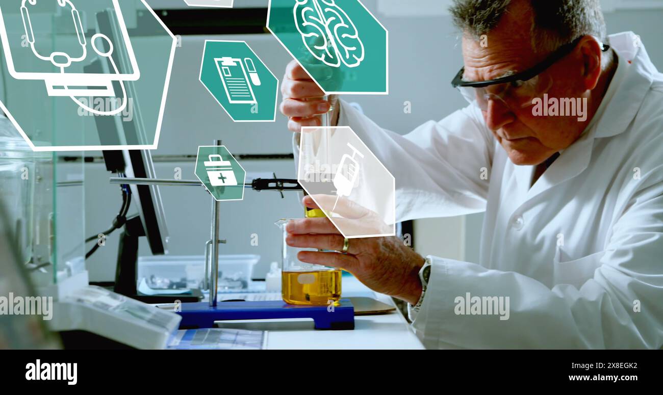 Image of multiple icons over caucasian scientist mixing and injecting ...