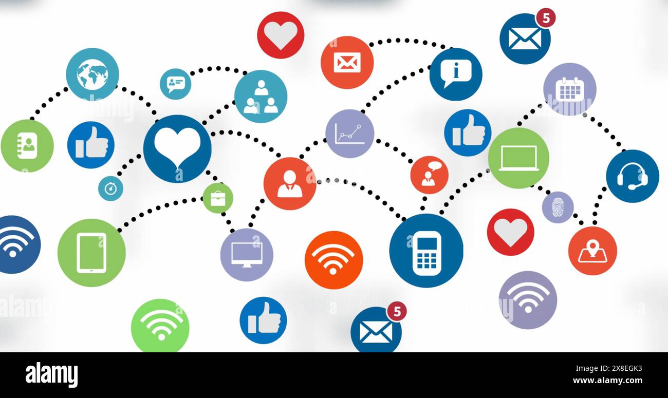 Image of multiple mobile application icons connected with dots on white ...