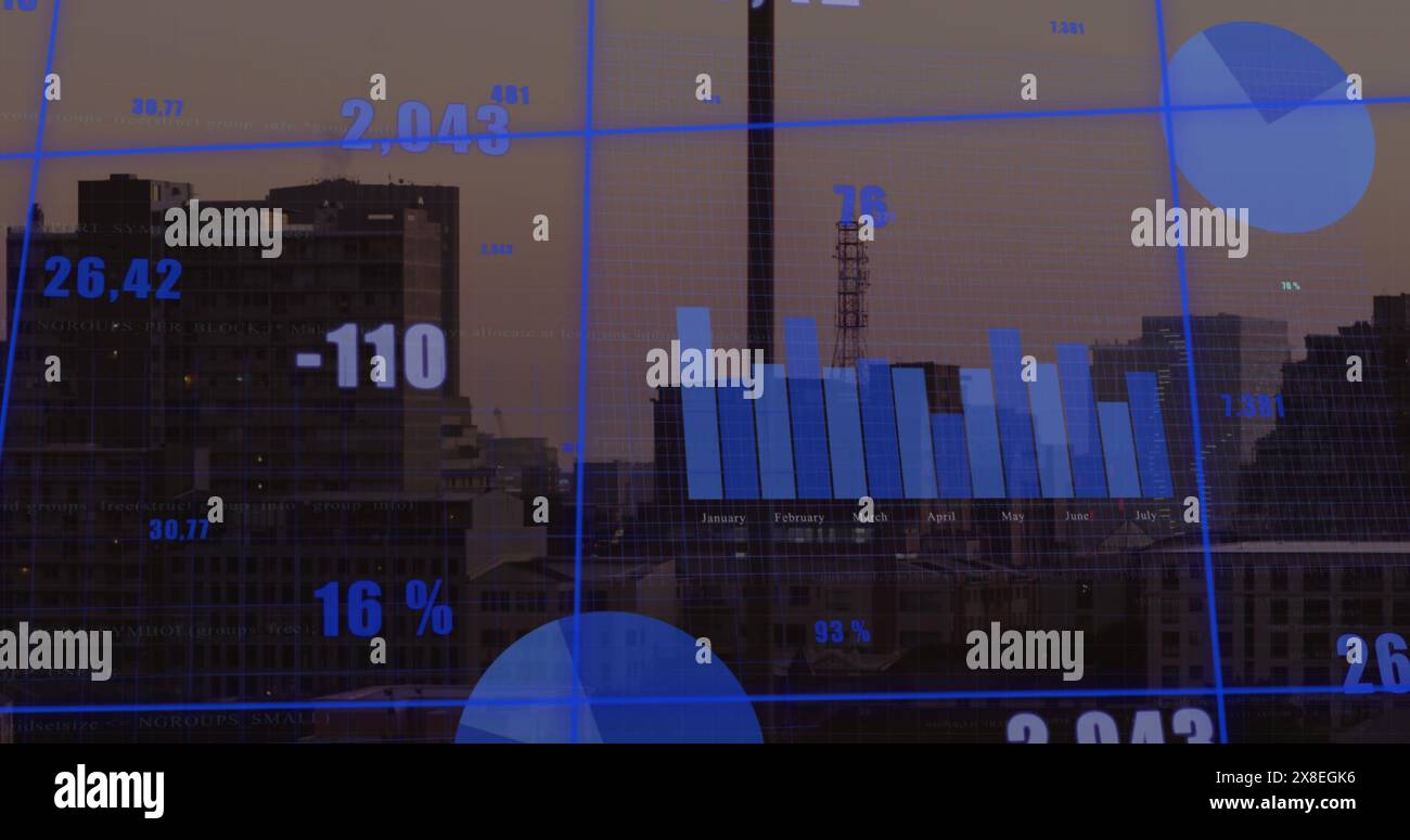 Image of changing numbers and multiple graphs over modern buildings ...