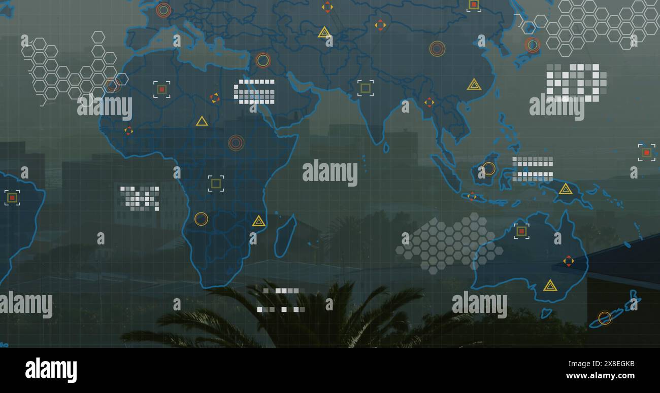Image of circuit board pattern on map over aerial view of fog covered ...