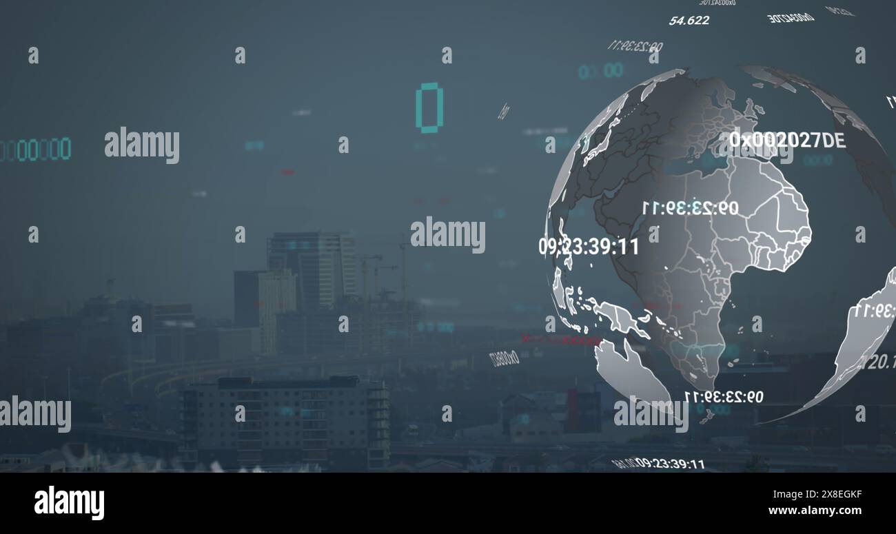 Image of changing numbers around rotating globe and modern city against sky Stock Photo - Alamy