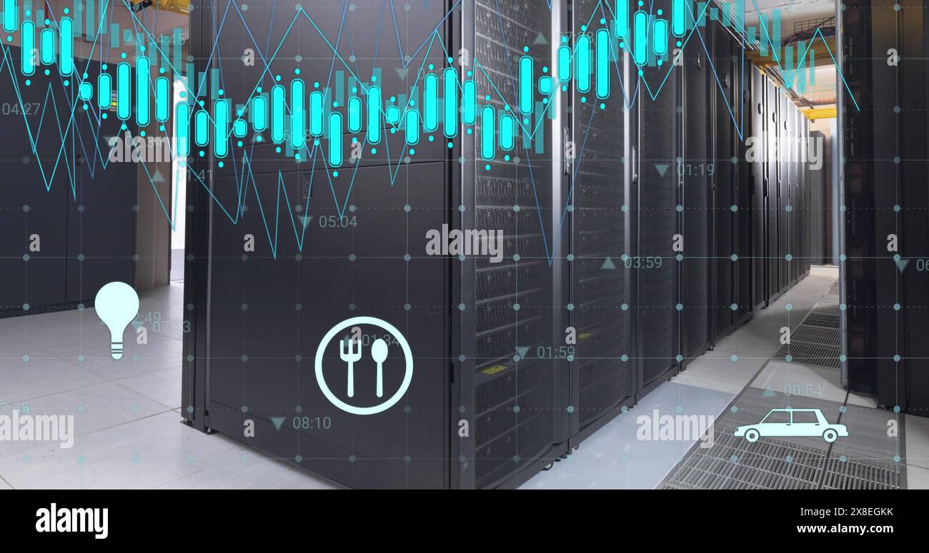 Image of icons with graphs and changing numbers over data server racks in server room Stock ...