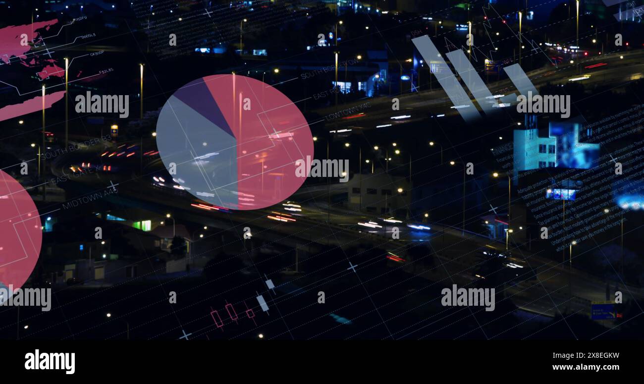 Image of infographic interface, aerial view of time lapse of moving ...