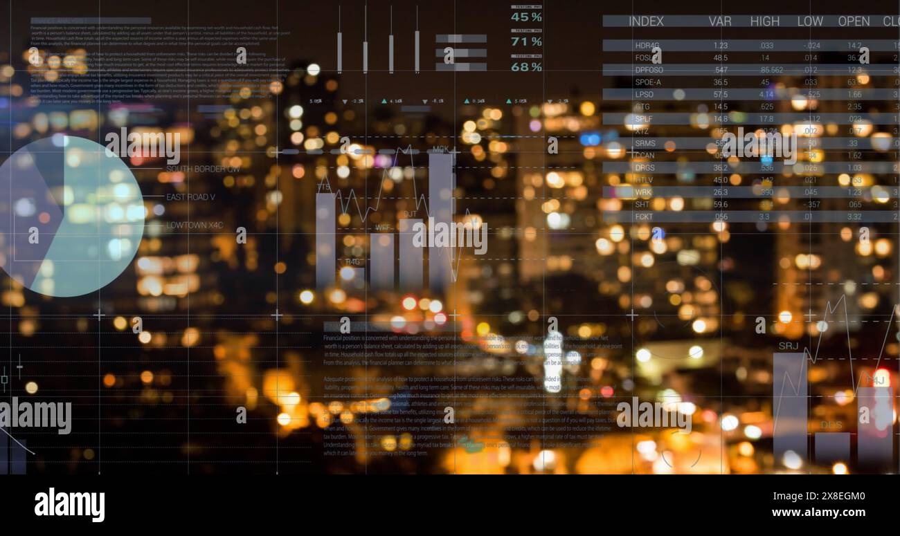 Image of infographic interface over blurred illuminated modern city ...