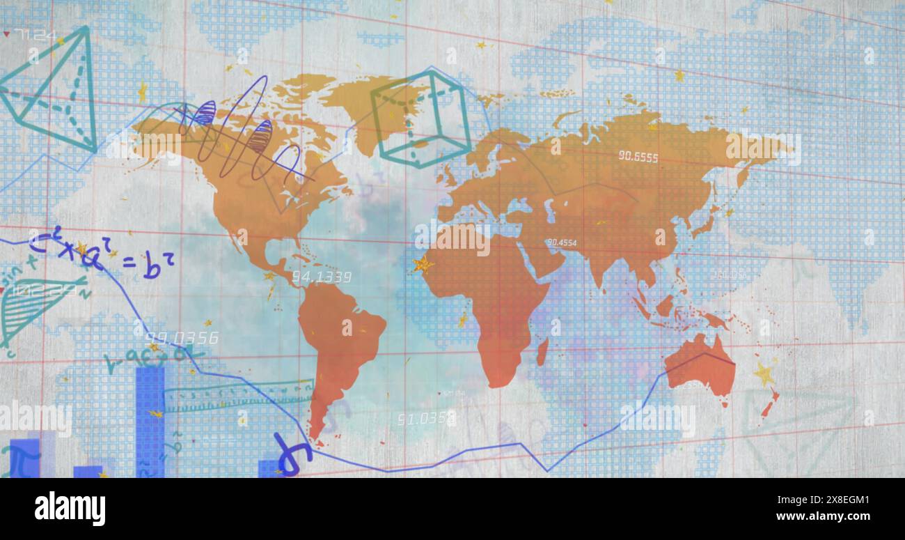 Image of graph, mathematical equation and diagrams with map over white ...
