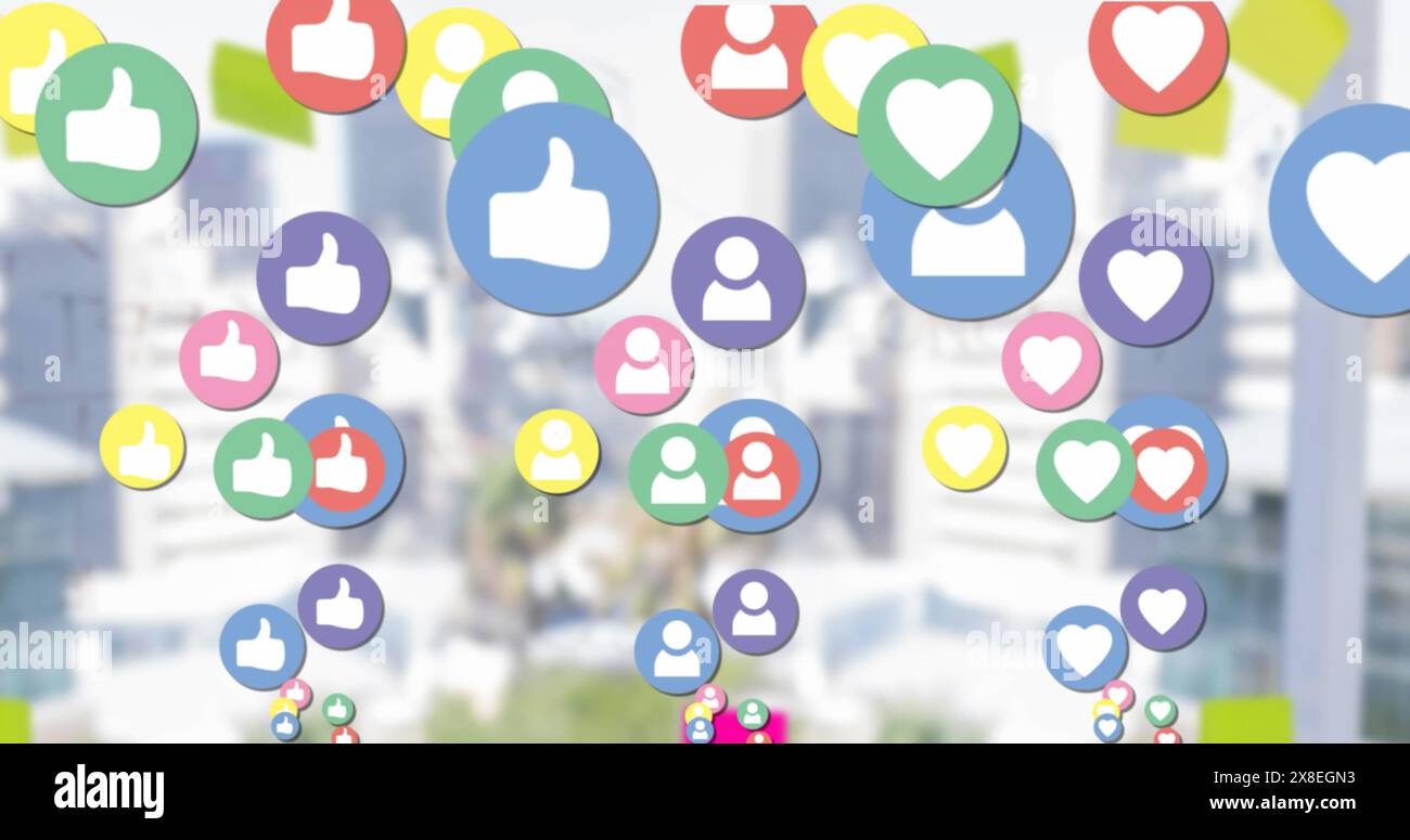 Image of colorful profile, heart and like icons over aerial view of ... Image of colorful profile, heart and like icons over aerial view of ...