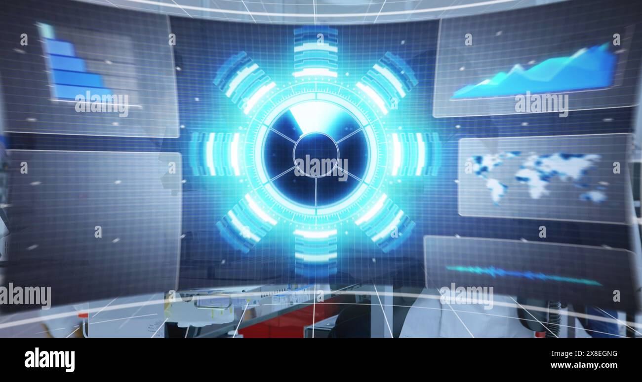 Image of graphs, radars, map, computer language, diverse scientists working in laboratory Stock ...