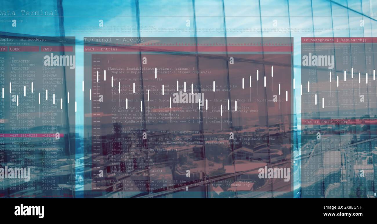 Image of graph, computer language over modern city against cloudy sky ...