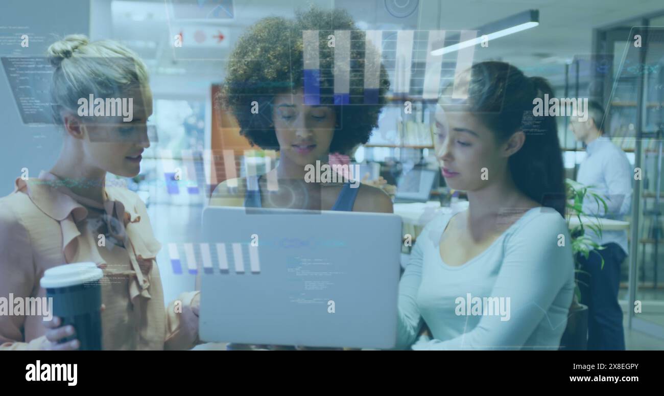 Image of graphs, radars and computer language, diverse female coworkers ...