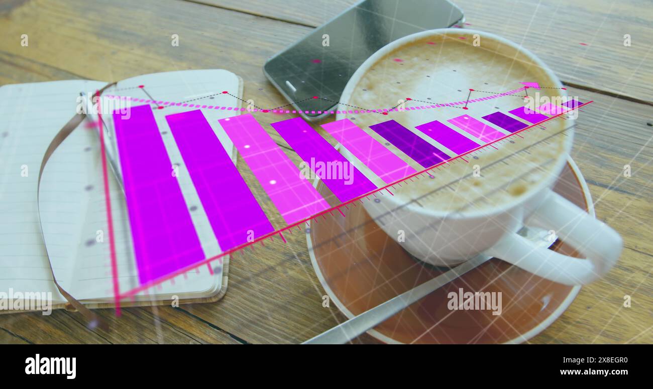 Image of arrow on falling graph over coffee cup, notepad, pen and ...