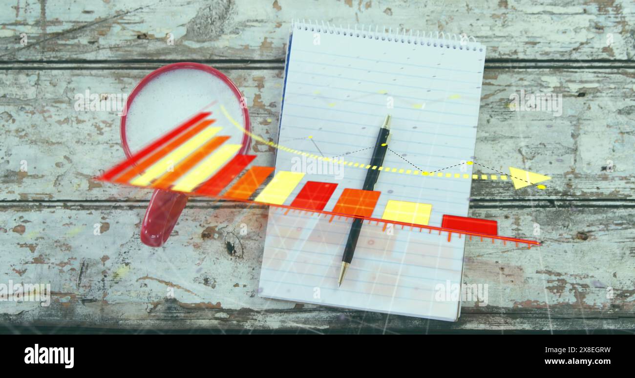 Image of arrow on reducing bar graph, overhead view of milk in cup with ...