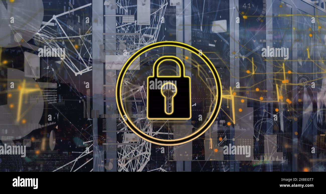 Image of padlock in circles over graphs, connected dots and globe on ...