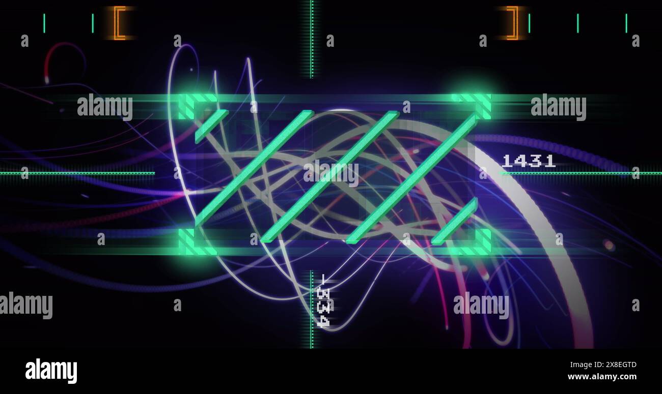 Image of lines in viewfinder and changing numbers with spiral pattern over black background ...