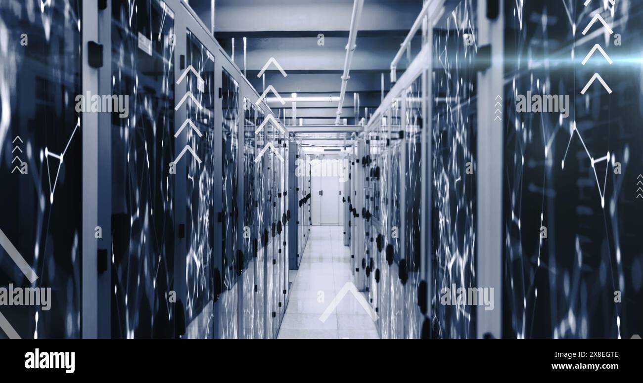 Image of arrows over connected dots on data server racks in server room Stock Photo - Alamy