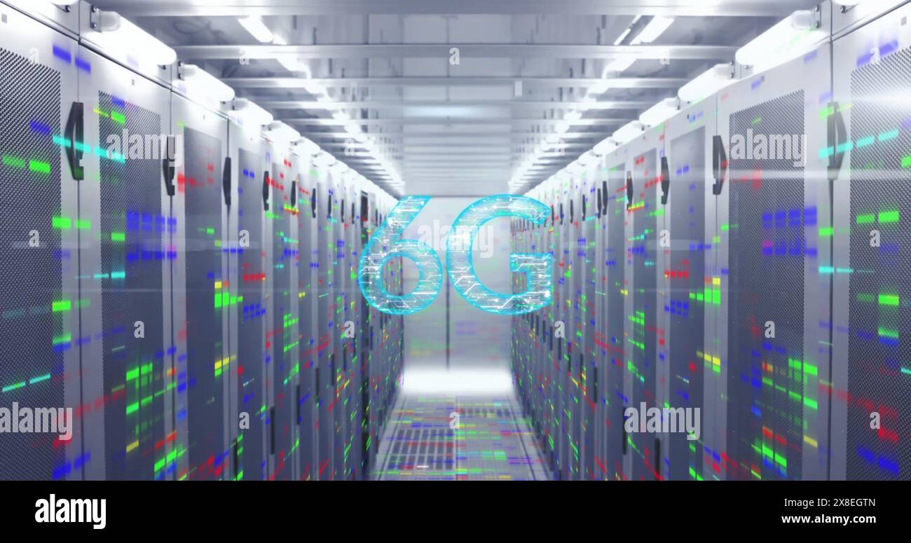 Image of connected dots in 6g text over bars on data server systems in ...