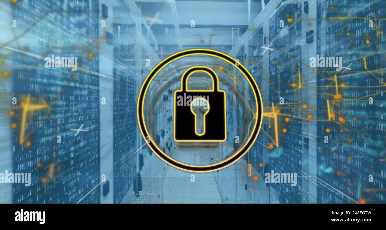 Image Of Padlock In Circle And Navigation Pattern Over Binary Codes On Data Server Racks Stock