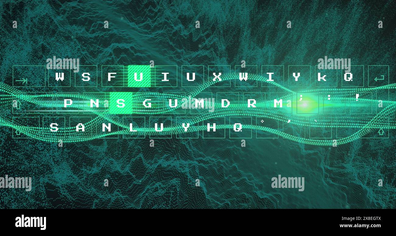 Image of pattern moving on keyboard, wave pattern over dynamic waves over black background Stock ...