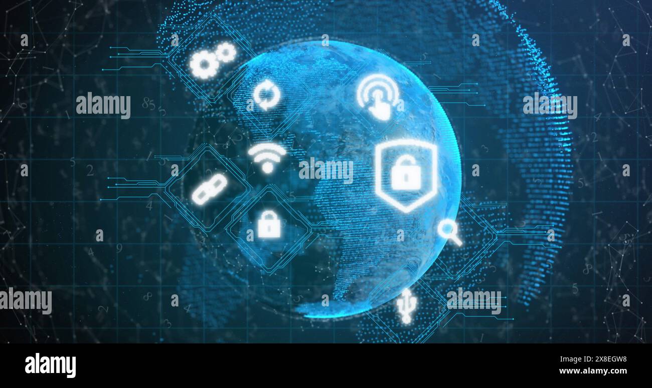 Image of multiple icons over connected dots around globes over abstract ...