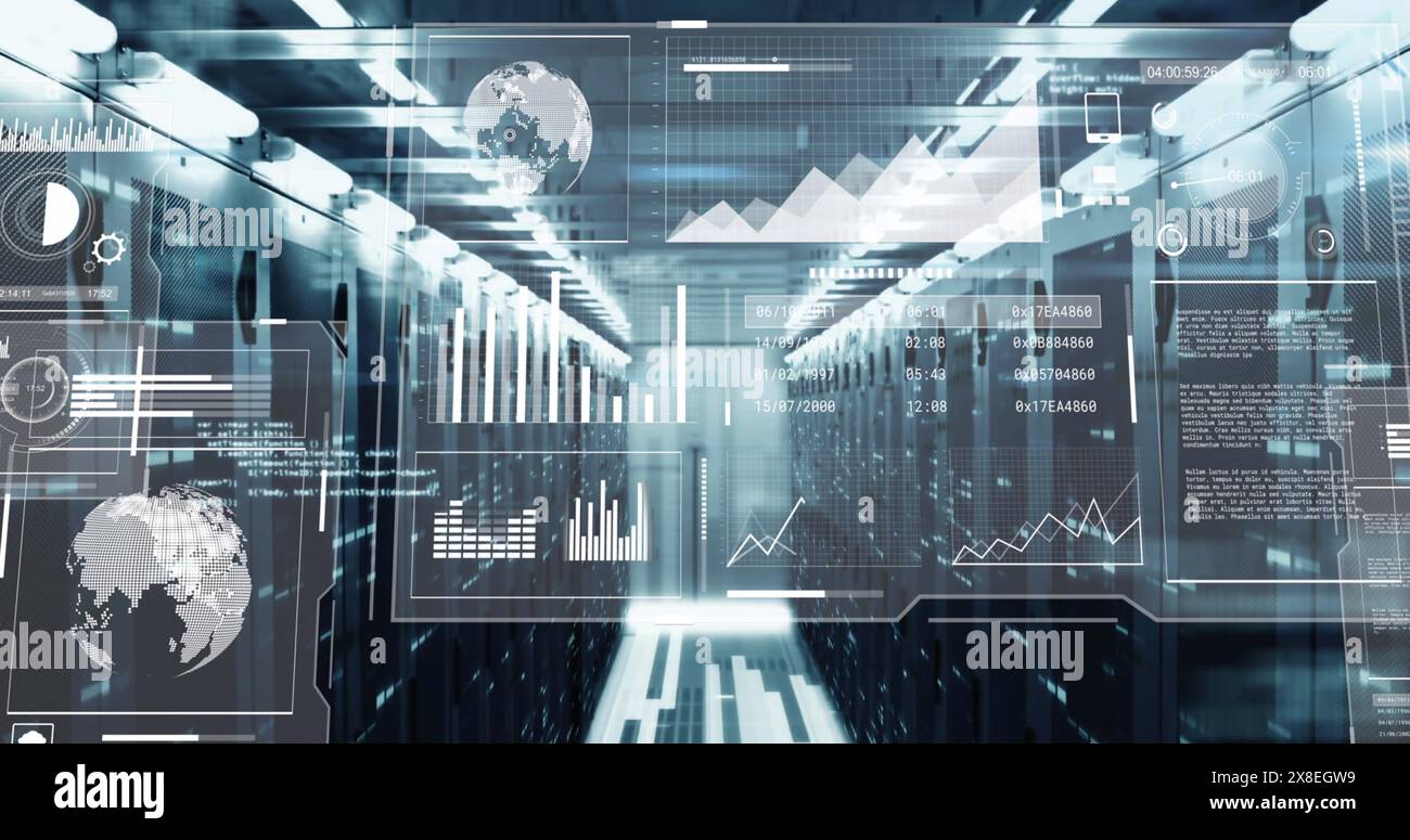 Image of multiple graphs, globes, loading bars and circles over data server room Stock Photo - Alamy