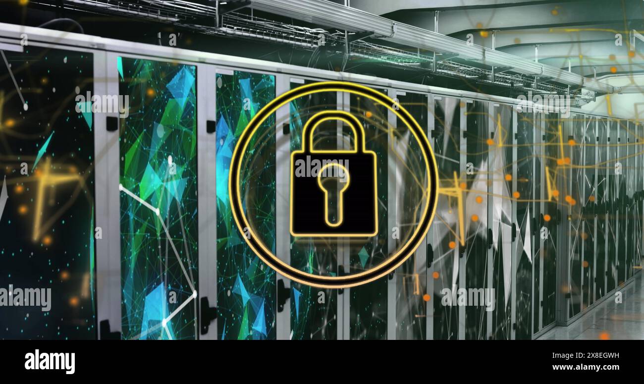 Image of padlock in circles over connected dots and globe in data server racks Stock Photo - Alamy